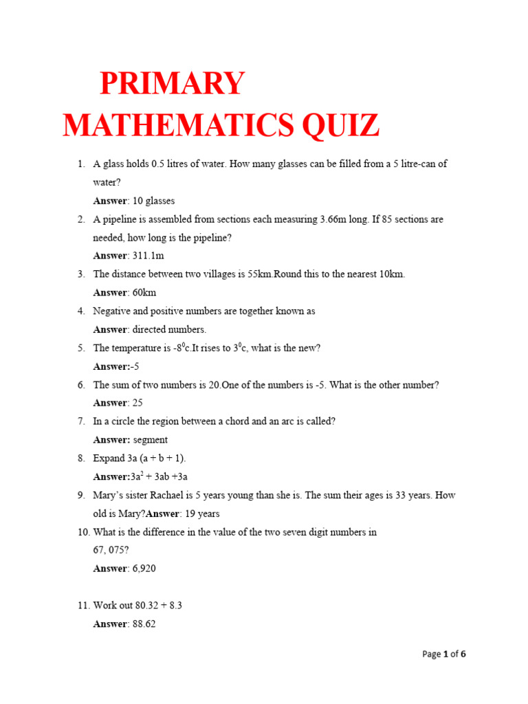 Mathematics Primary Quiz | PDF | Numbers | Mathematics