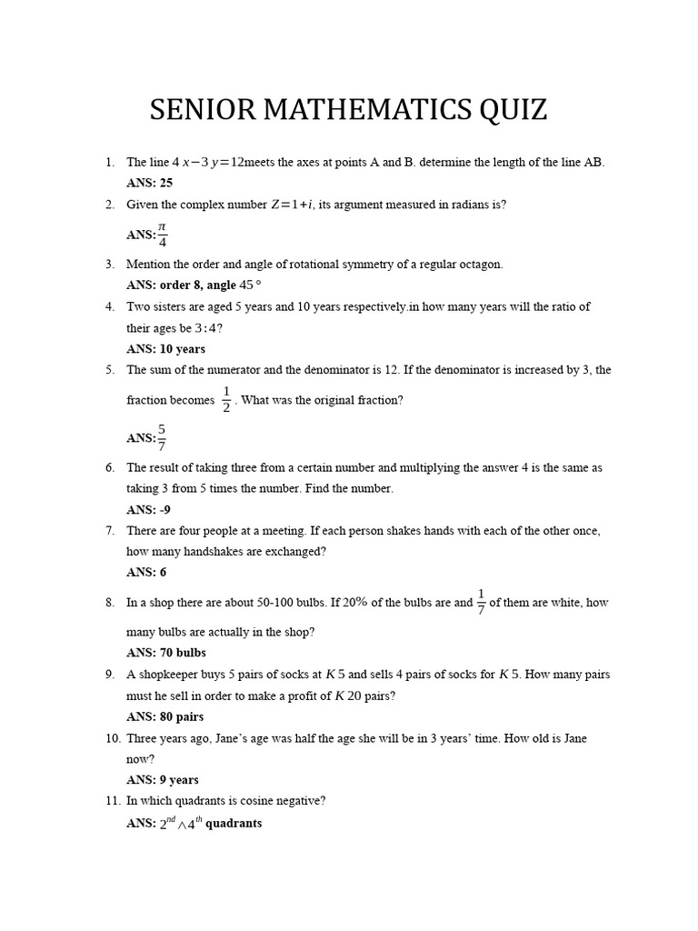 SENIOR MATHEMATICS QUIZ | Download Free PDF | Angle | Logarithm