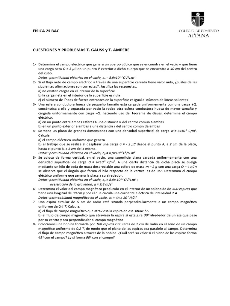 CUESTIONES Y PROBLEMAS T GAUSS y T AMPERE | PDF | Campo magnético ...