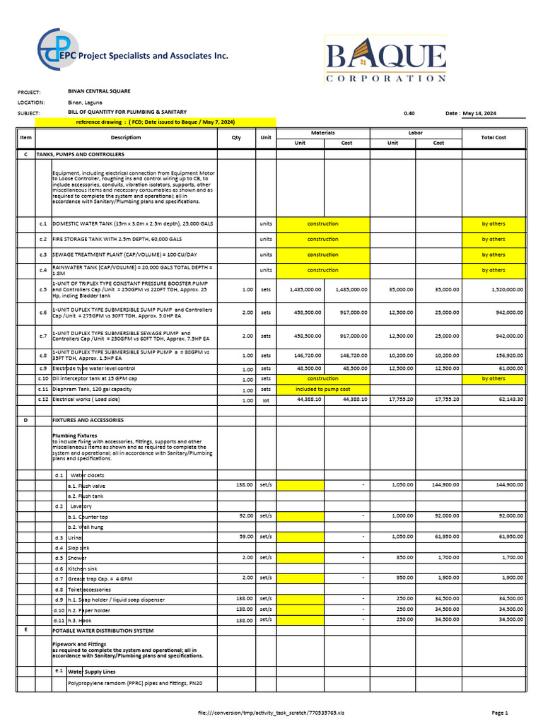 Plumbing Bill of Quantities for Binan | PDF | Polyvinyl Chloride | Pipe ...