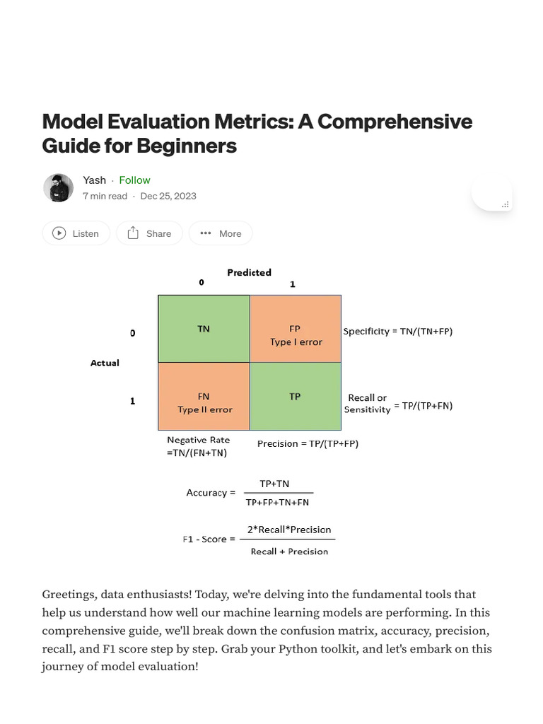 Model Evaluation Metrics - A Comprehensive Guide For Beginners - by Yash - Medium | PDF ...