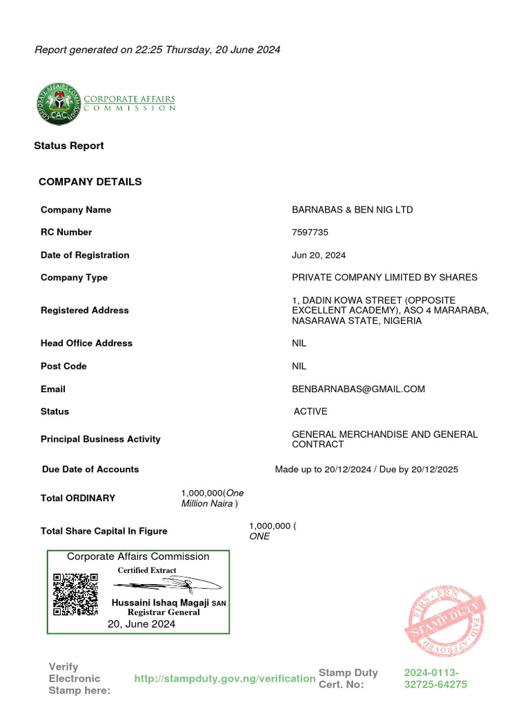 Status Report - Barnabas & Ben Nig LTD | PDF | Partnership | Limited ...