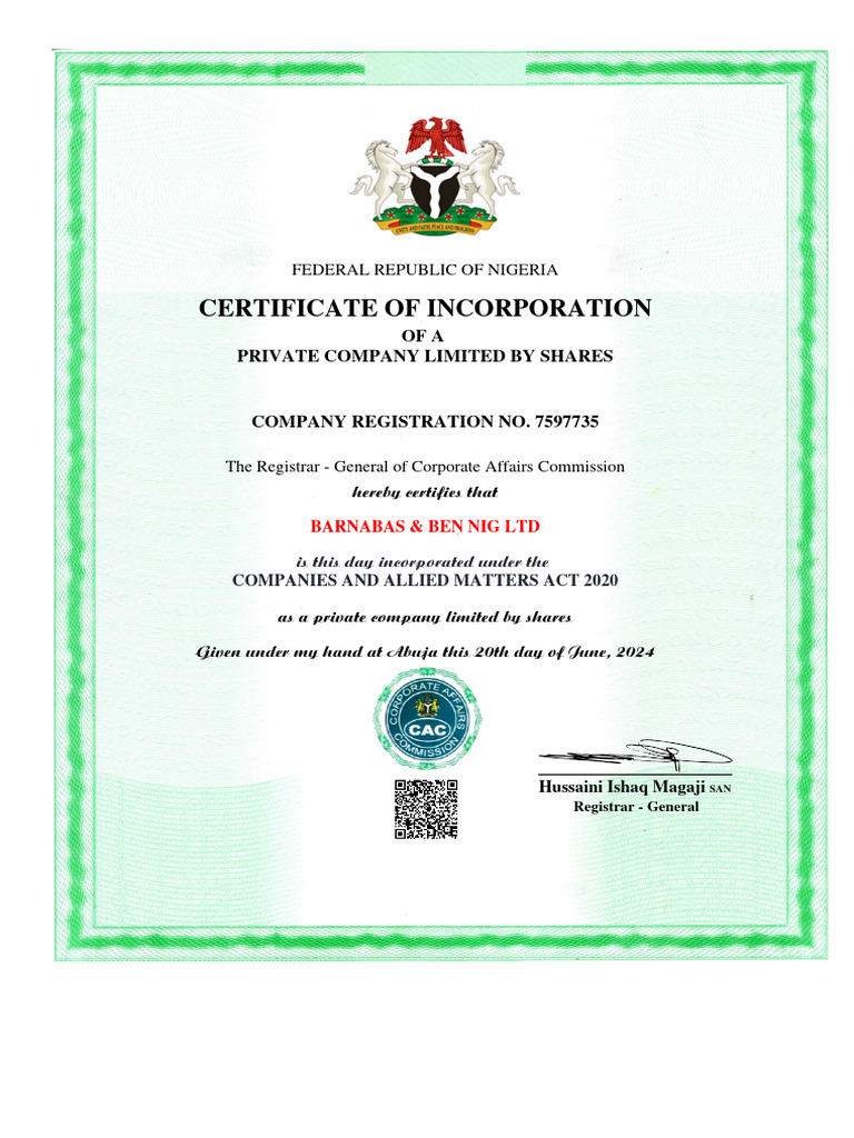Certificate Barnabas And Ben Nig Ltd Pdf