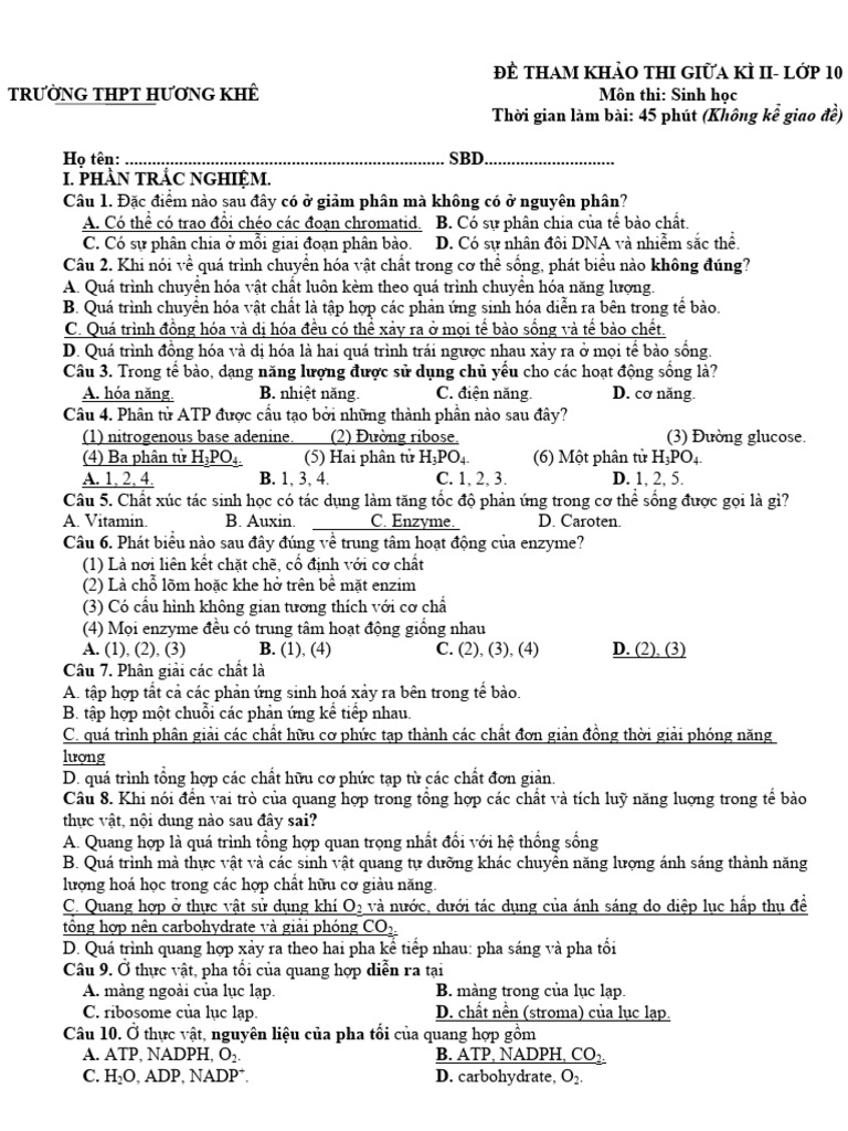 SINH ĐÁP ÁN ĐỀ MINH HỌA GK II | PDF