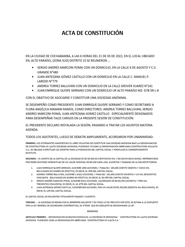 Acta de Constitucion IMPRIMIR HOY | PDF | Bancos | Business