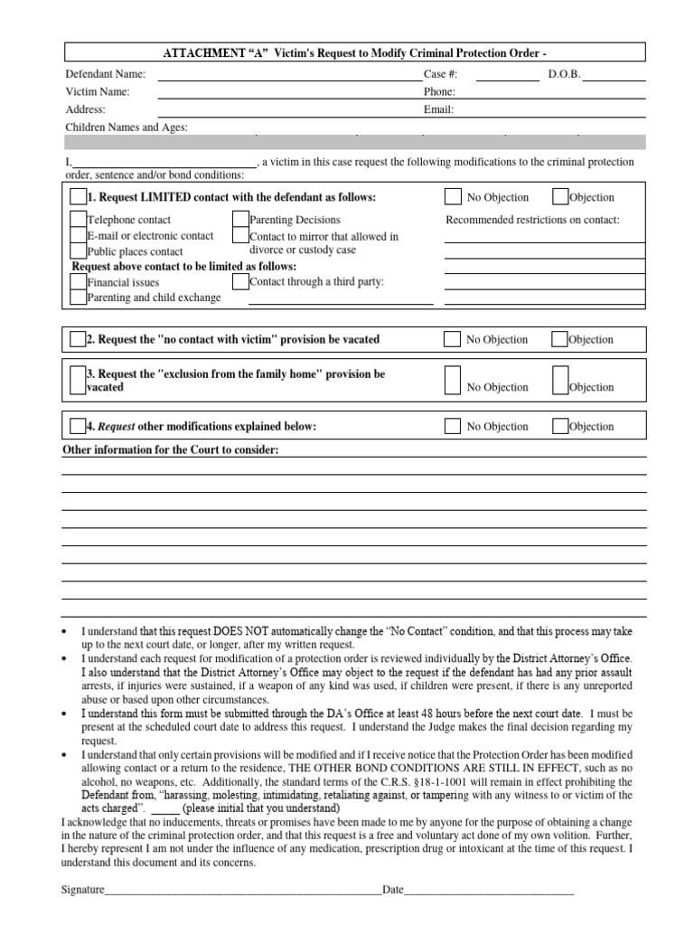 Victim Protection Order Modification Request FormX | PDF | Restraining ...