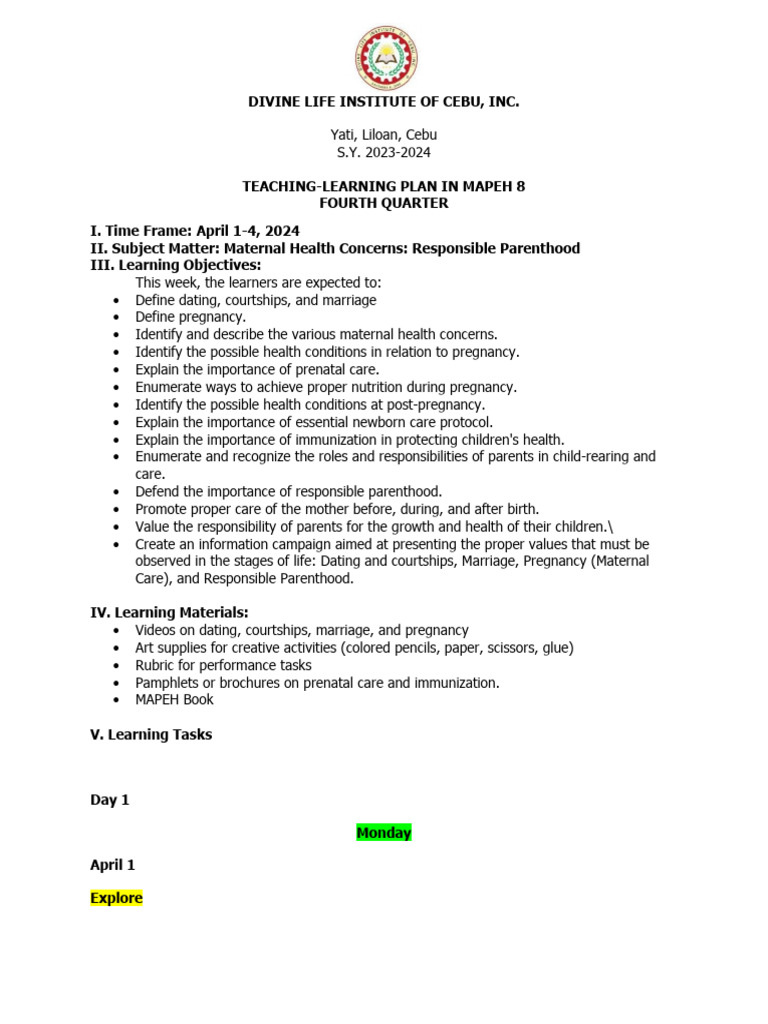 HEALTH - 8-WEEK 4 (Lesson 2 - Part 2-3) | PDF | Parenting | Maternal Health