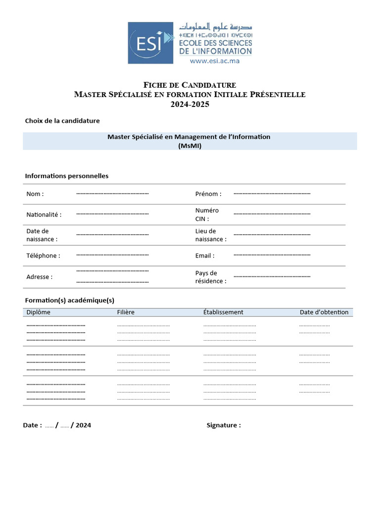 ESI Concours - Master Fiche - Candidature MsMI 2024-2025 | PDF
