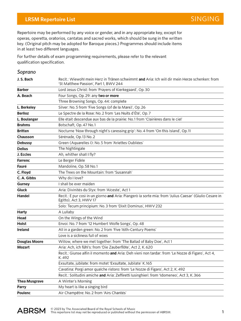 Singing LRSM Repertoire (7 Nov 2023) FINAL | PDF | The Marriage Of Figaro | Classical Music