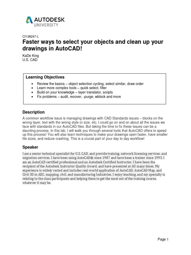 Class Handout CI138247-L Faster Ways To Select Your Objects and Clean ...