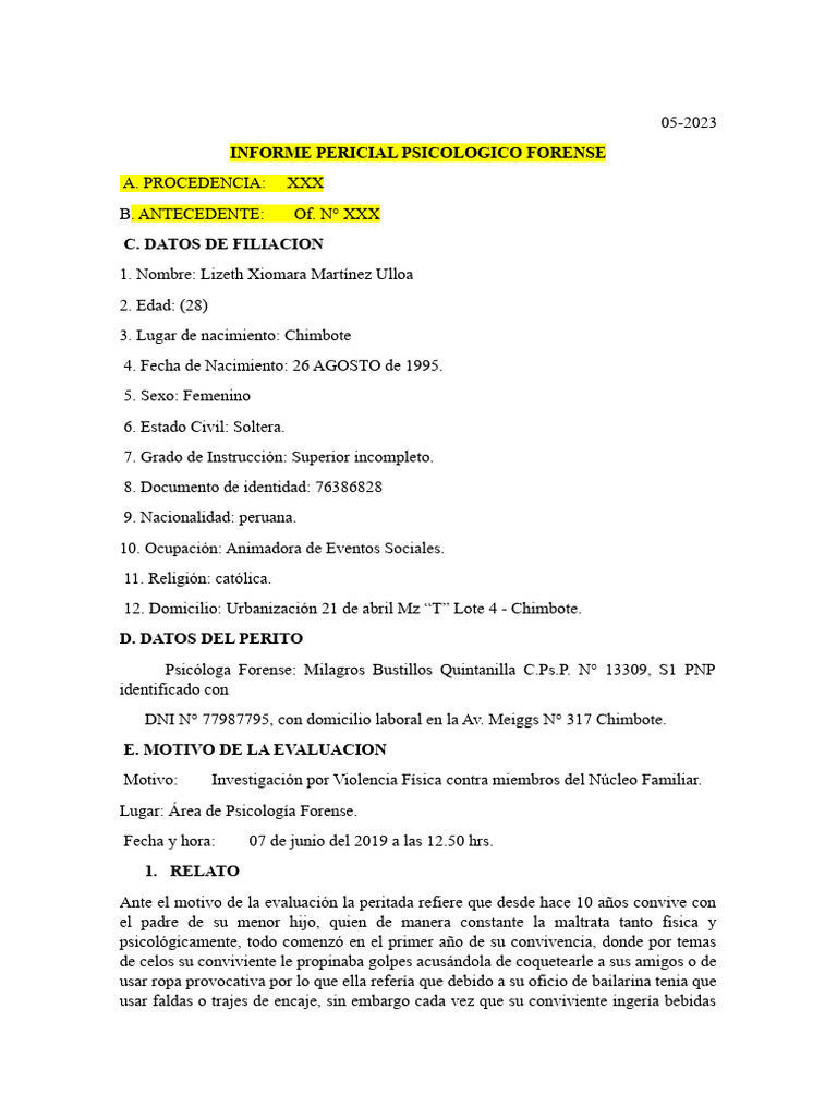 Informe Pericial Psicologico Forense | PDF | Las emociones | Temor