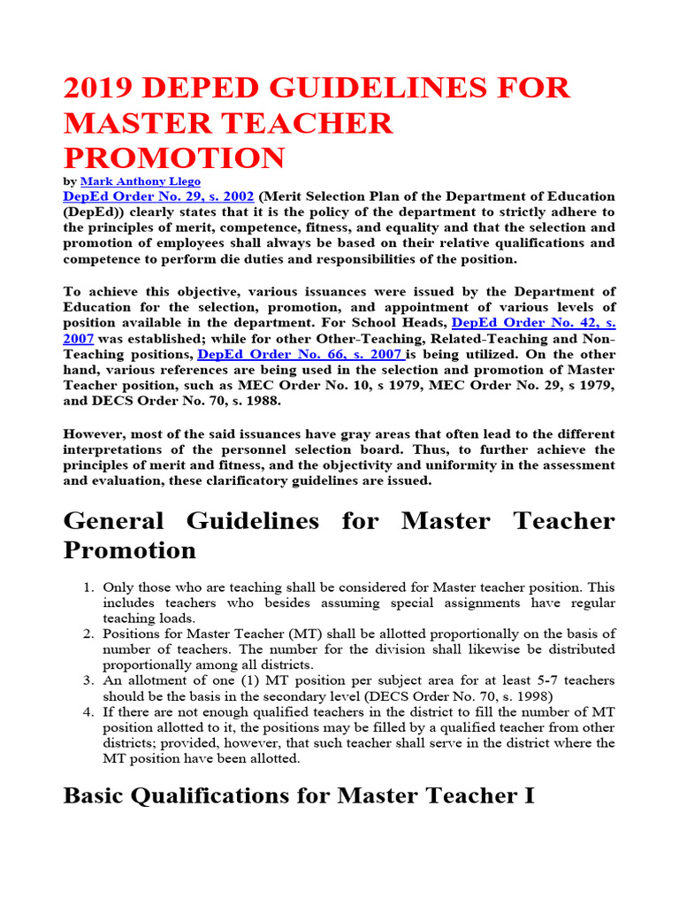 2019 DepEd Guidelines For Master Teacher Promotion | PDF | Academic ...