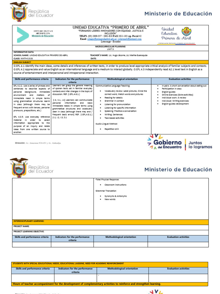 9 Egb Uit 3 Microcurricular Planning | PDF | English As A Second Or ...