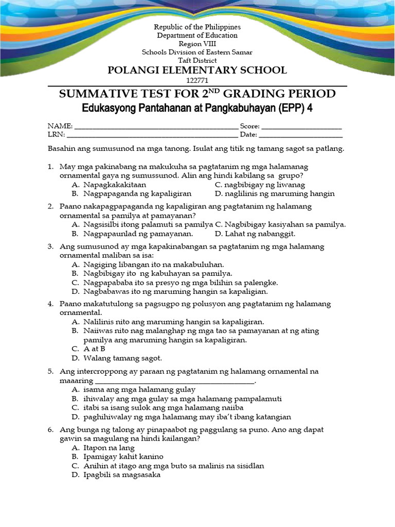 2nd Periodical Test In Epp 4 Pdf