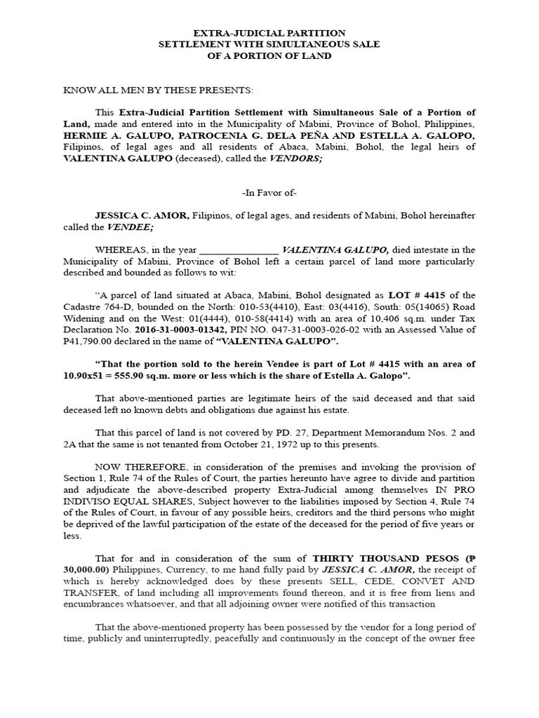 Extra Judicial Partition Settlement With Simultaneous Sale of A Portion ...