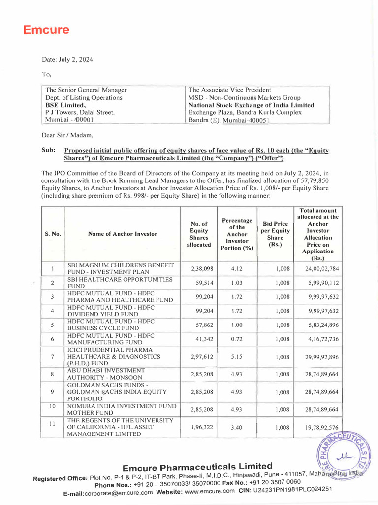Emcure Pharmaceuticals LTD - Anchor Intimation Letter - BSE & NSE | PDF | Stocks | Initial ...