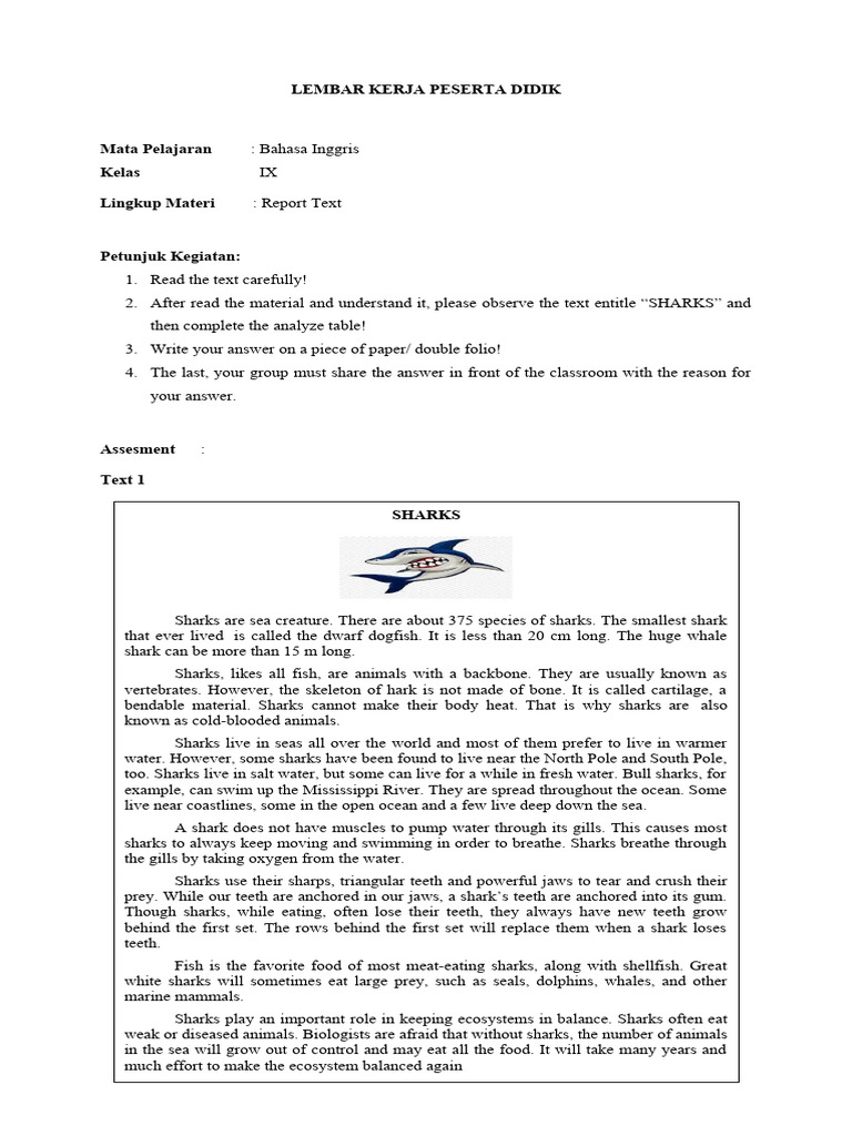 Lkpd 1 Chapter 9 Bahasa Inggris Kelas 9 Pdf Sharks Tooth