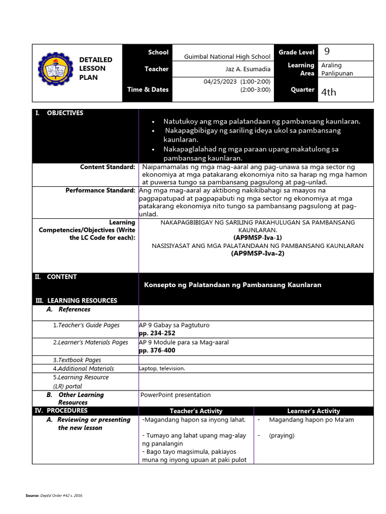 Pag-Unlad 1st Lesson Plan 4th Quarterr | PDF