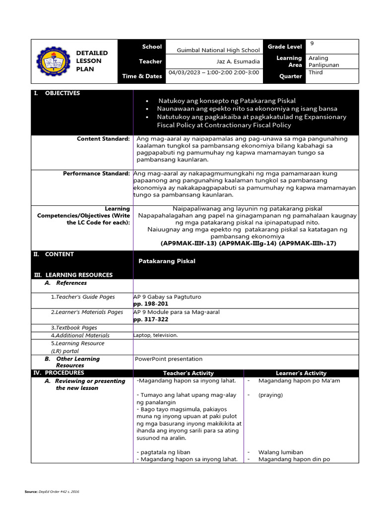 Patakarang Piskal 1st Lesson Plan | PDF