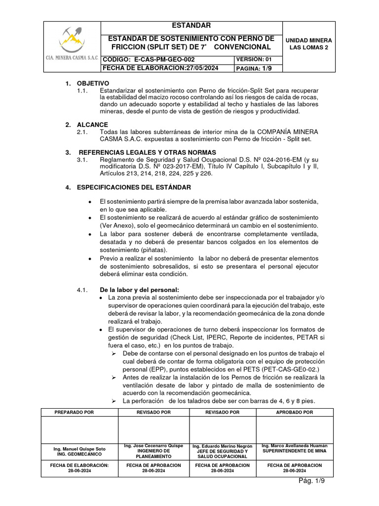 Estandar-Cas-Pm-Geo-002 Estandar de Sostenimiento Con Perno de Friccion (Split Set) Convencional ...