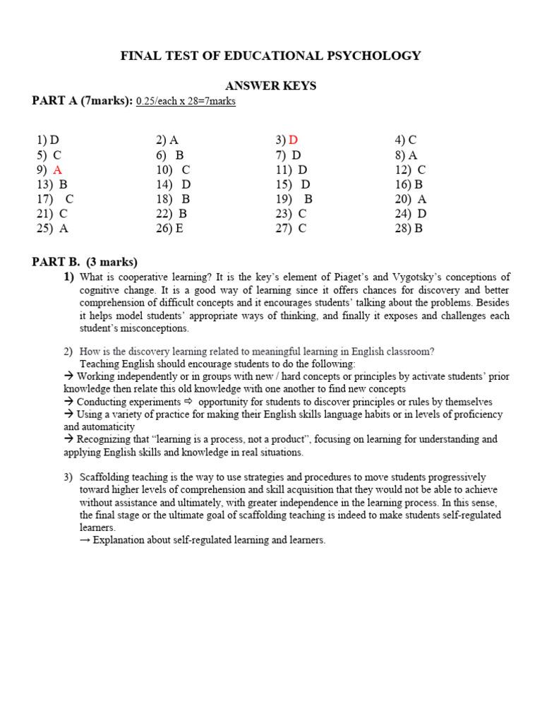 Educational Psychology Test Answers | PDF | Learning | Psychological ...