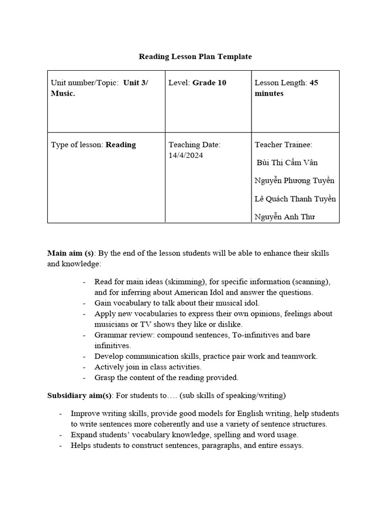 Nguyễn Anh Thư - Group 4- lesson plan reading | PDF | Vocabulary | Human Communication