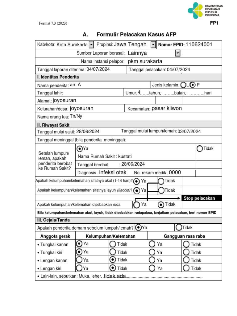 Form FP1 Surveilans AFP Jawaban No.1) | PDF