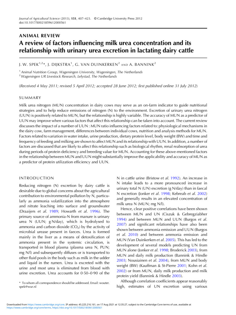 A Review of Factors Influencing Milk Urea Concentration and Its ...