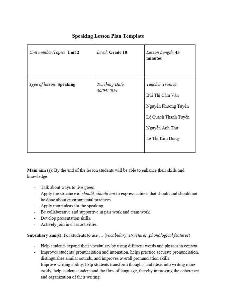Nguyen Anh Thu - 2157010705-Speaking Lesson Plan | PDF | Vocabulary | Learning