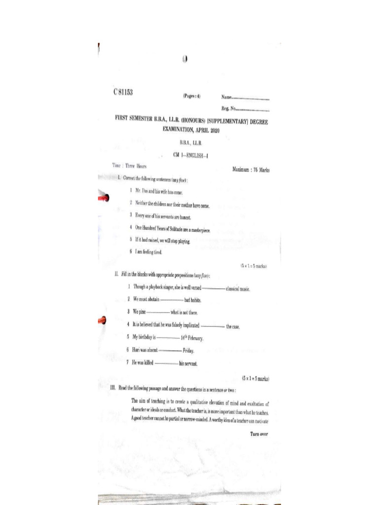 BBA LLB Question Paper English 2020 | PDF