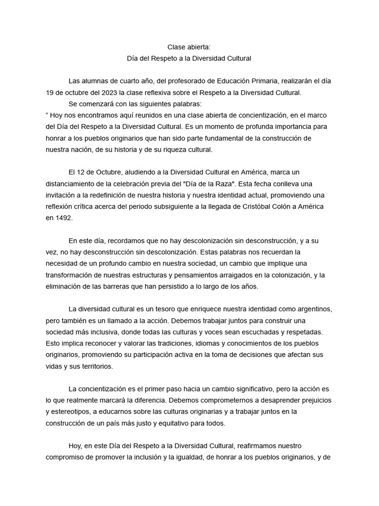 Acto Del 12 De Octubre Pdf Multiculturalismo Sociedad