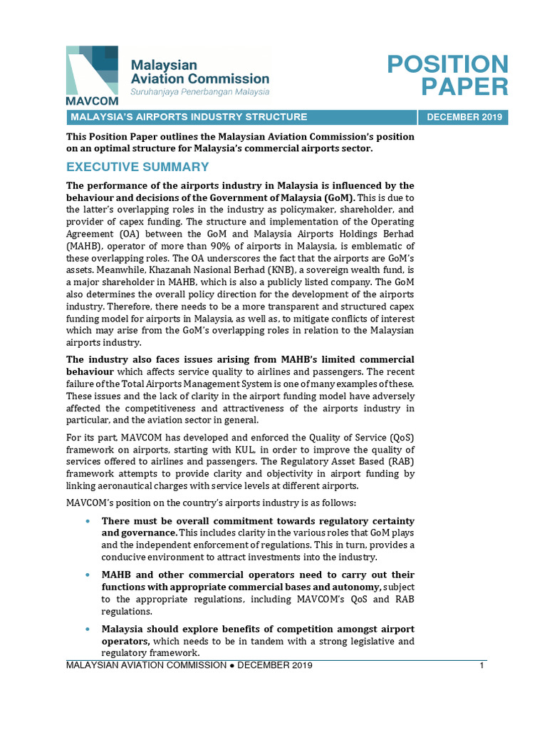 Macamilka Stake Holders Position Paper Malaysias Airports Industry ...