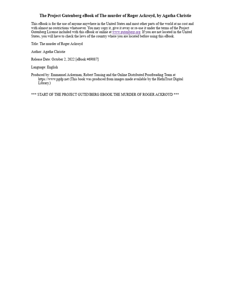 The Murder of Roger Ackroyd, by Agatha Christie-A Project Gutenberg Ebook | PDF | Project Gutenberg