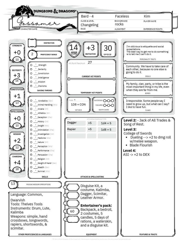 Gossamer Character Sheet Overview | PDF