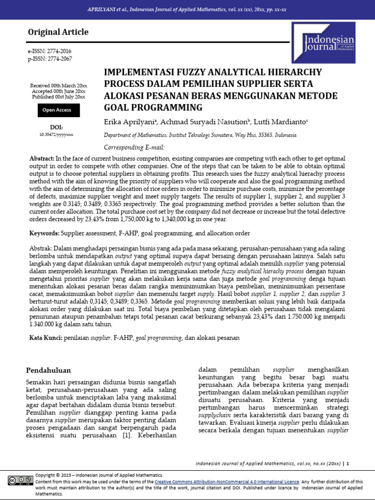 Implementasi Fuzzy Analytical Hierarchy Process Dalam Pemilihan Supplier Serta Alokasi Pesanan ...