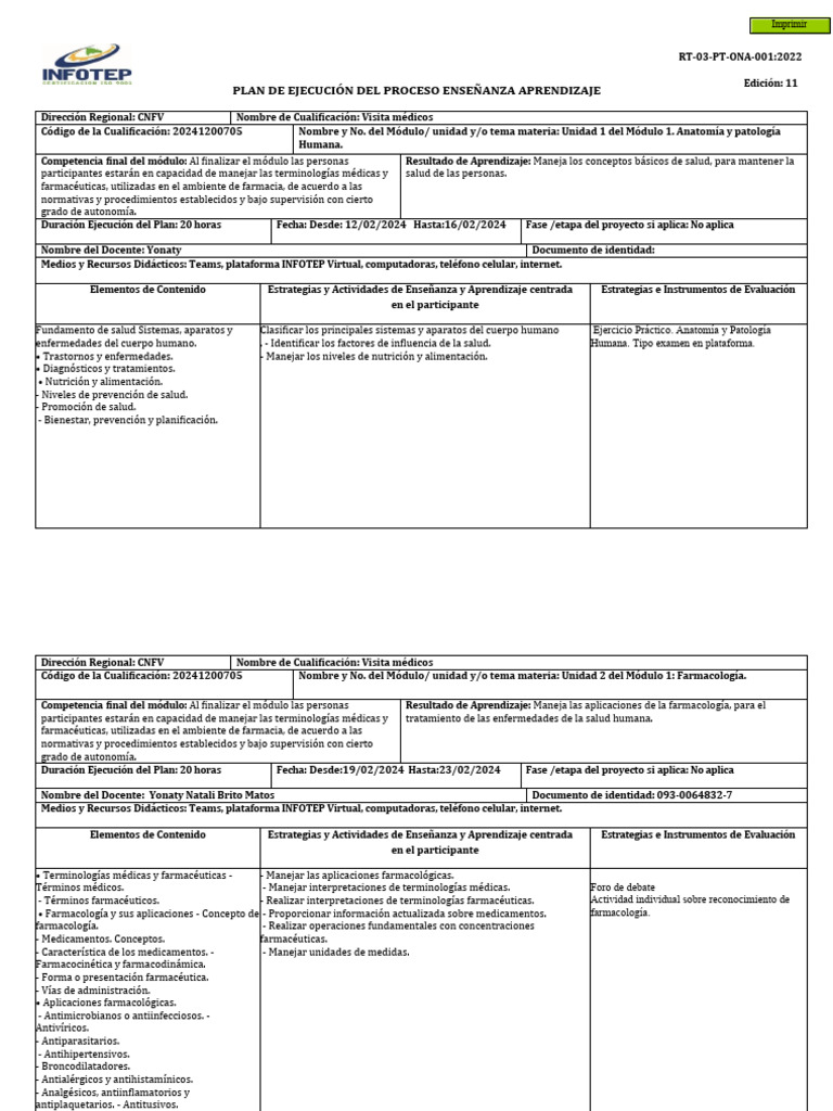 Modulo 1 - Rt-03-Pt-Ona-001 - Plan de Ejecucion 24 | PDF | Farmacia | Medicamentos con receta