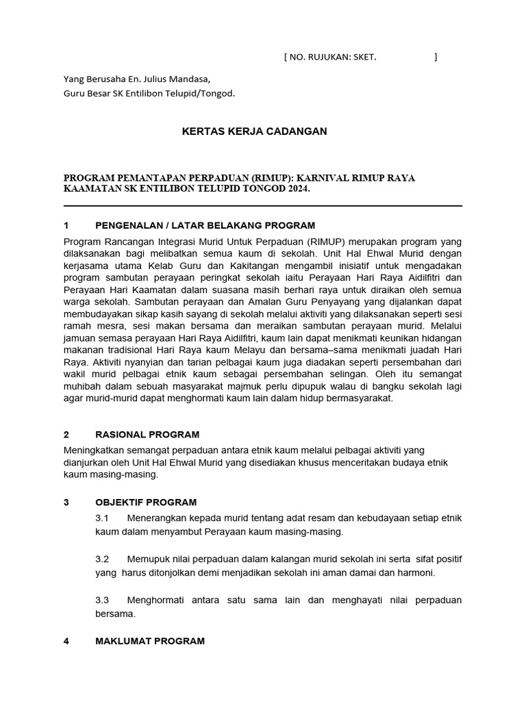 Cadangan Kertas Kerja Program RIMUP Raya Kaamatan SKET 2024 | PDF