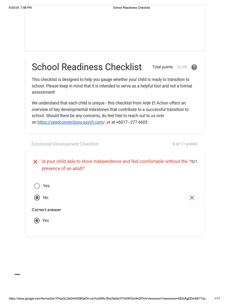 School Readiness Checklist | PDF | Neuroscience | Behavioural Sciences