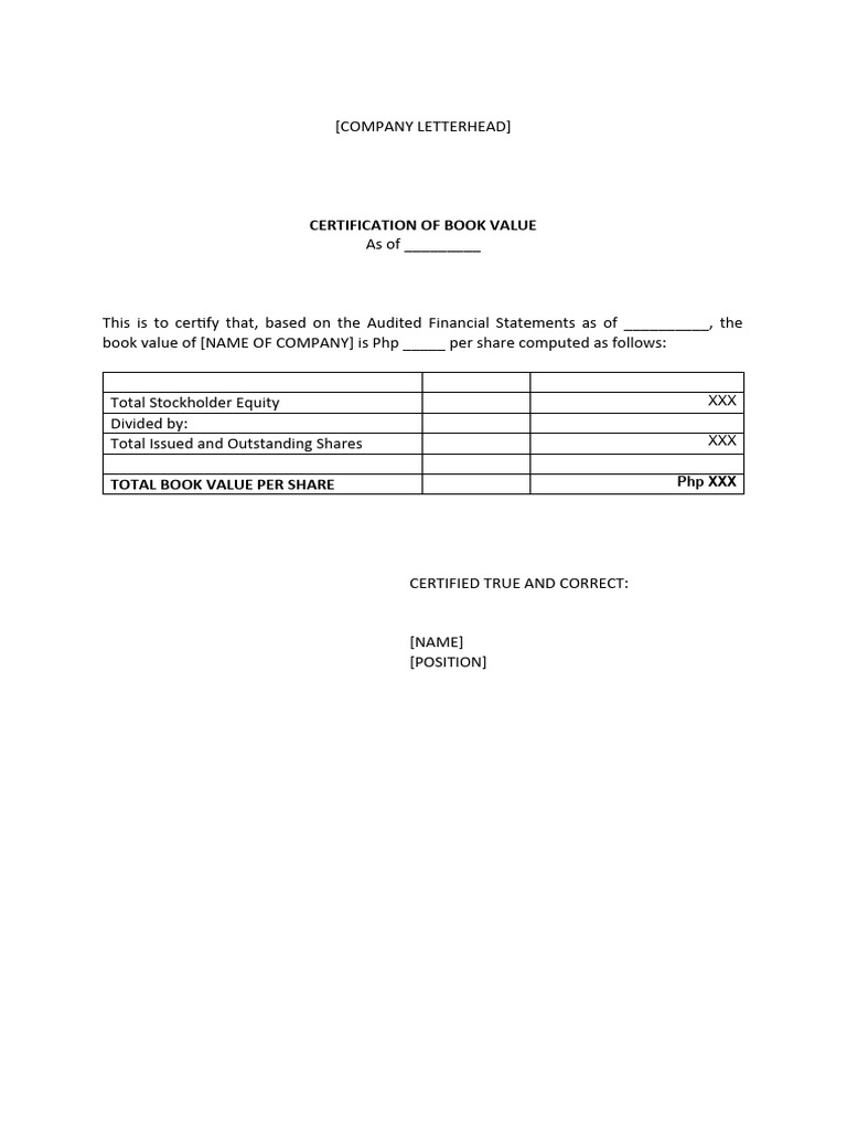 Certification of Book Value Statement | PDF
