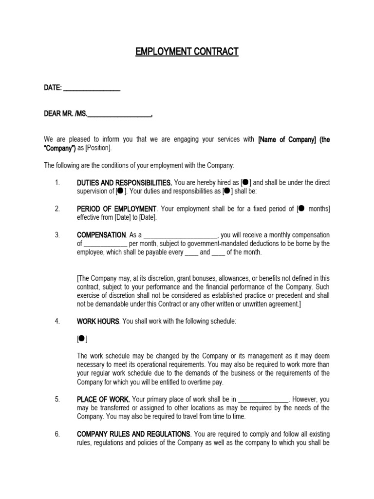 Direct Hire Employment Contract Template | PDF | Employment | Overtime
