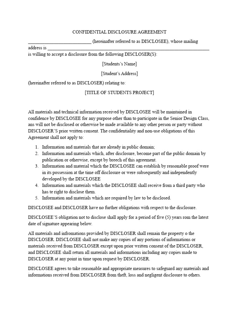Confidential Disclosure Agreement | PDF | Intellectual Property Law ...