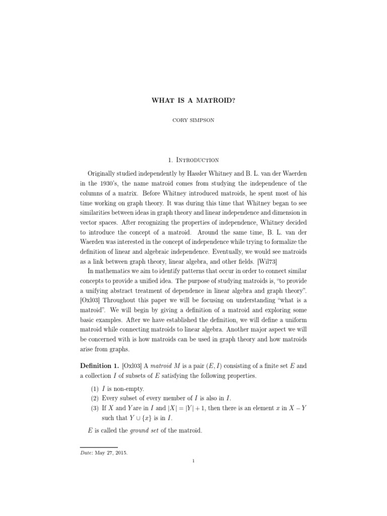 WHAT IS A MATROID? simpson | PDF | Vertex (Graph Theory) | Field ... WHAT IS A MATROID? simpson | PDF | Vertex (Graph Theory) | Field ...