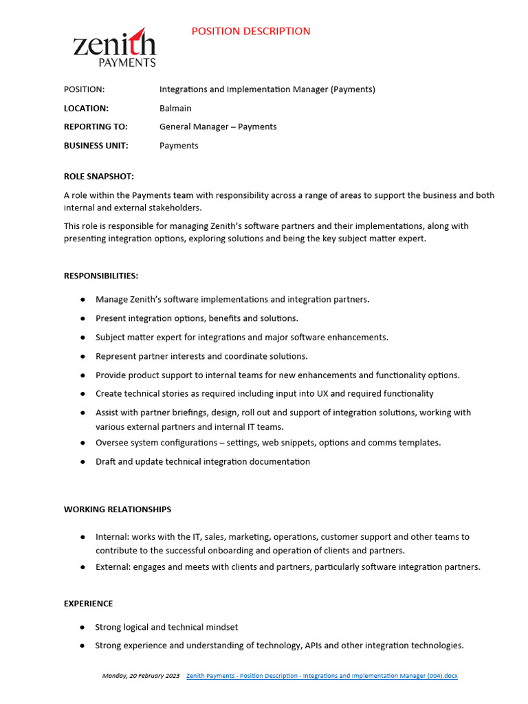 Zenith Payments - Position Description - Integrations and ...