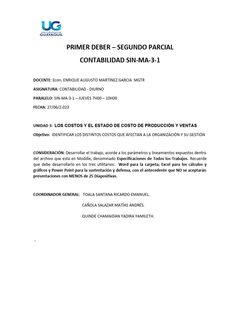 PRIMER DEBER SEGUNDO PARCIAL CONTAB DIURNO AL 27-06-2.024 SIN RC | Descargar gratis PDF | Costo ...
