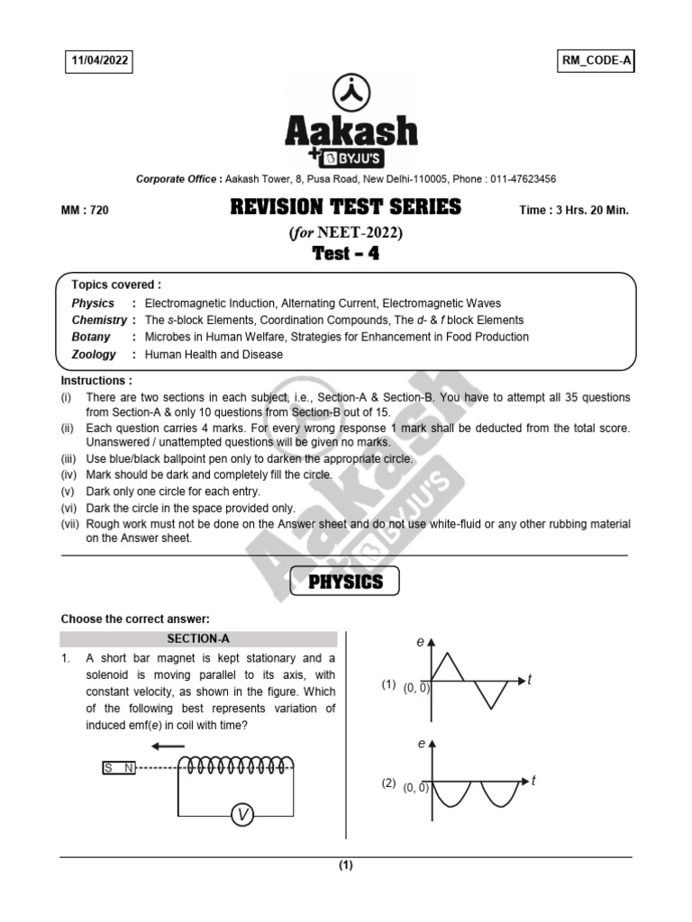 (Join - @TeamFlood) Aakash Revision Test 04 | PDF | Inductor | Inductance