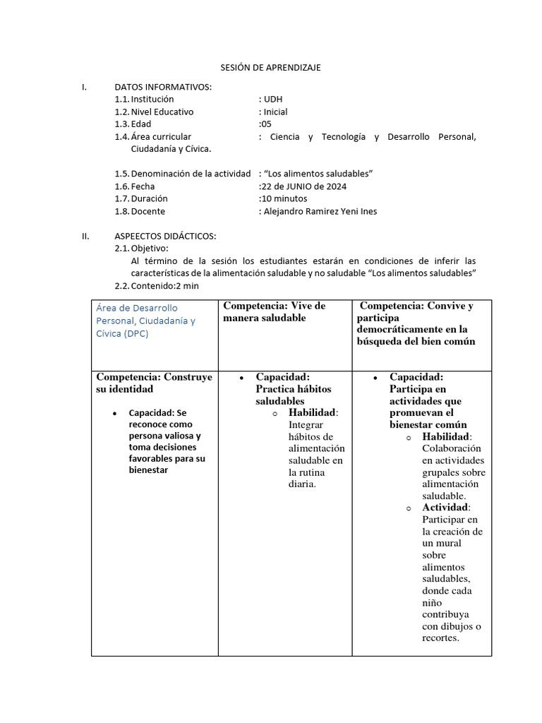 Sesion de Aprendizaje Inicial | PDF | Alimentos | Maestros