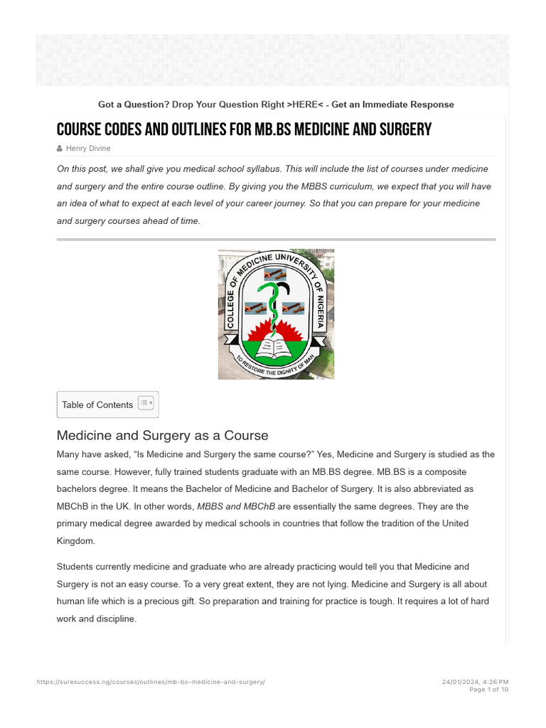 Course Codes and Outlines For MB - BS Medicine and Surgery | PDF ...