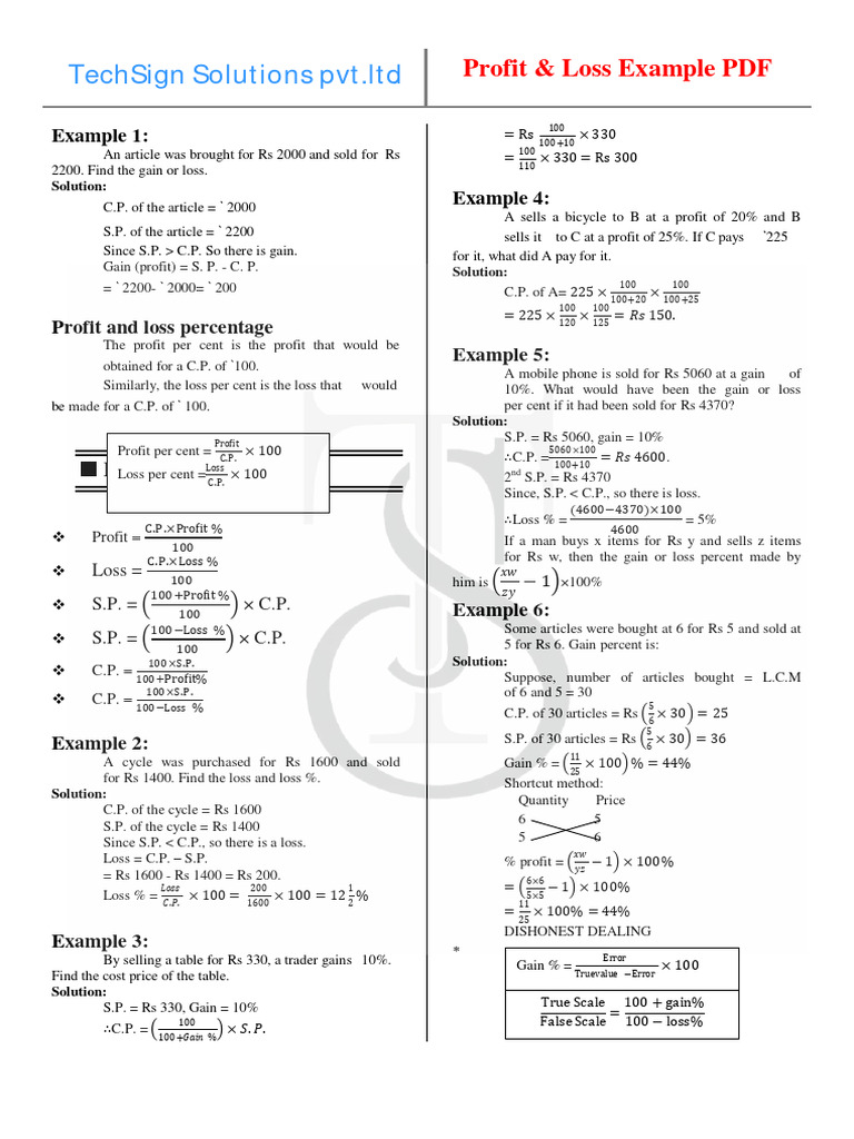 Profit Loss Example PDF | PDF | Percentage | Elementary Mathematics