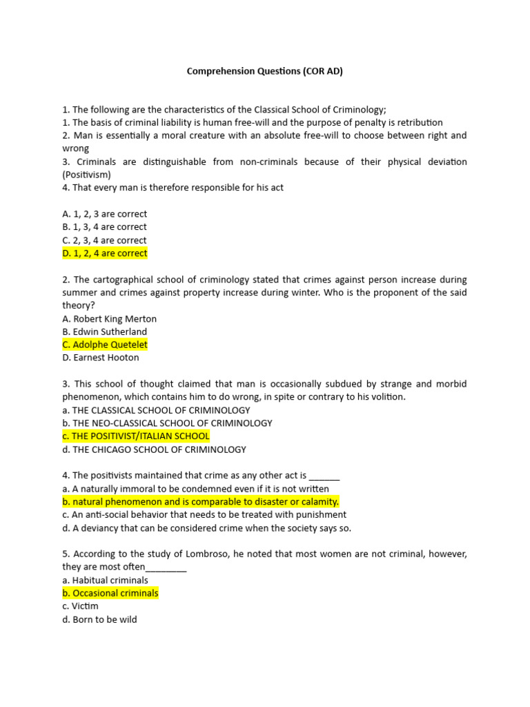 Criminology Comprehension Quiz | PDF | Crimes | Crime & Violence