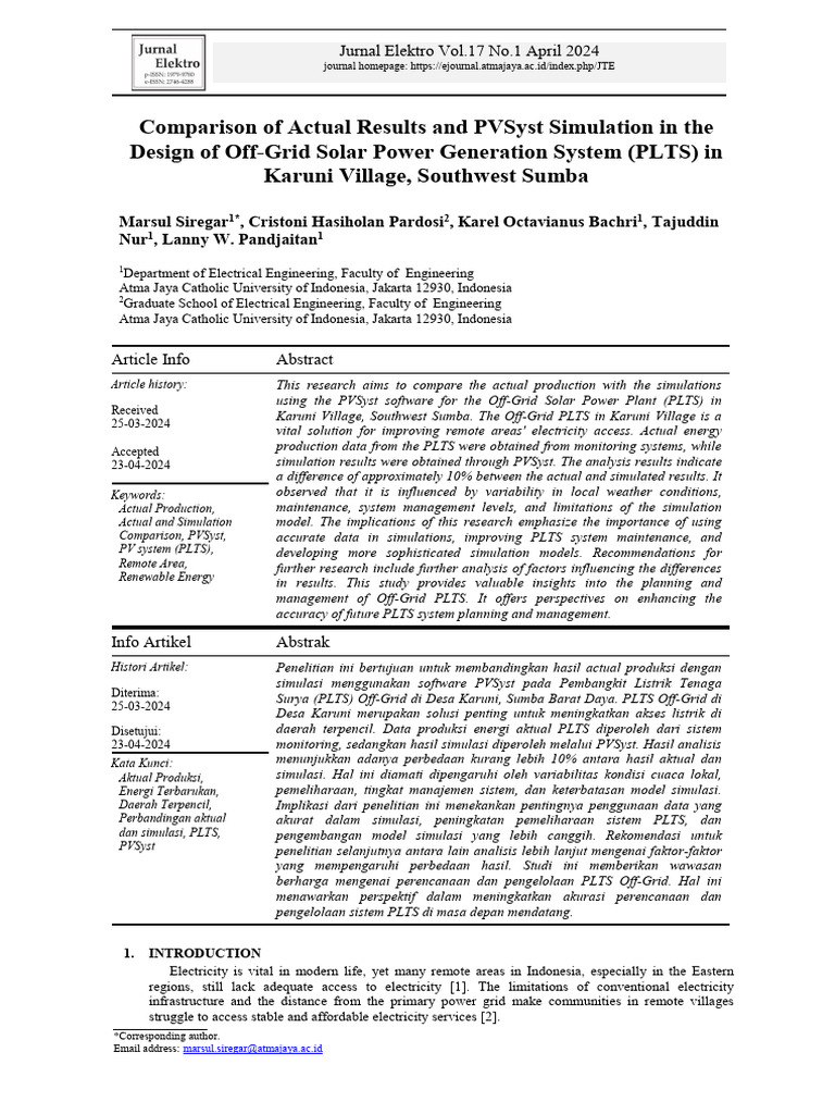 Comparison Of Actual Results And Pvsyst Simulation In The Design Of Off Grid Solar Power